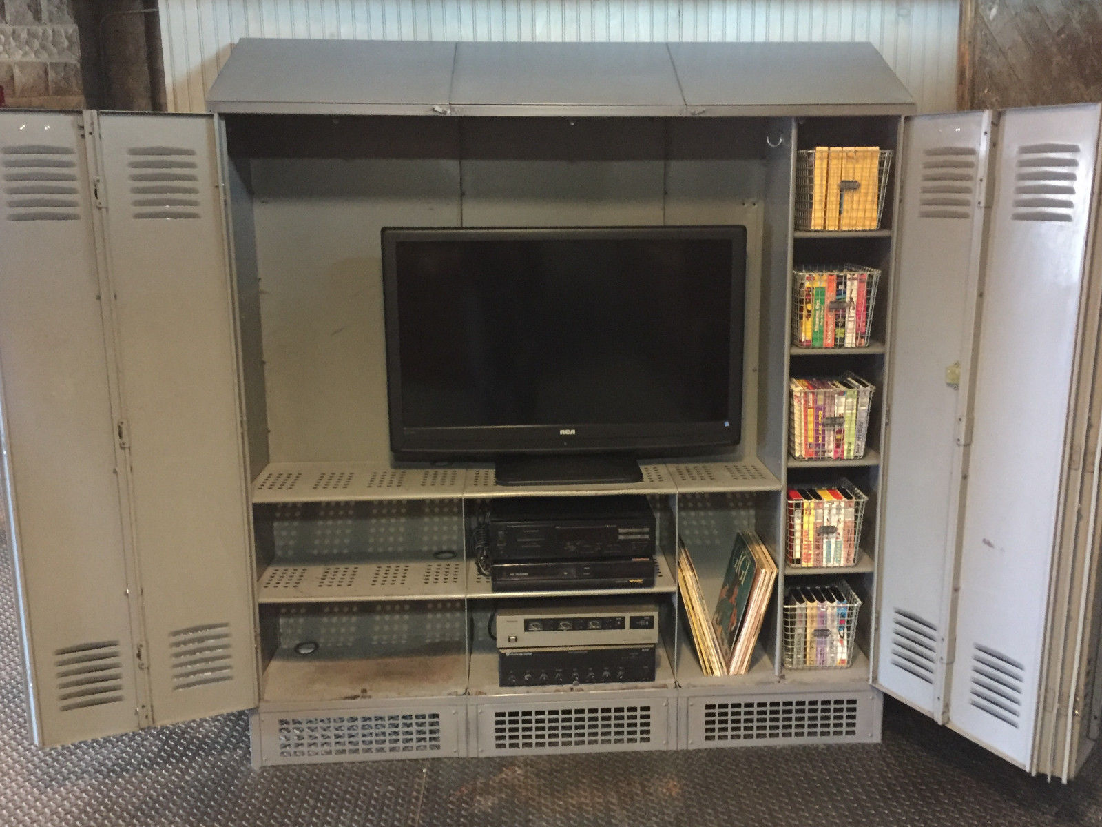 Vintage Gym Lockers Re purposed Entertainment Center Industrial Steel ...